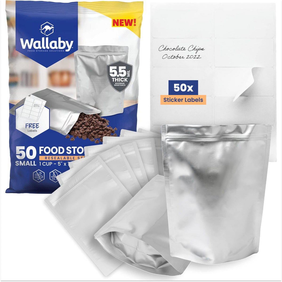 50 Gusset Mylar Bags with Sticker Labels | Wallaby Goods